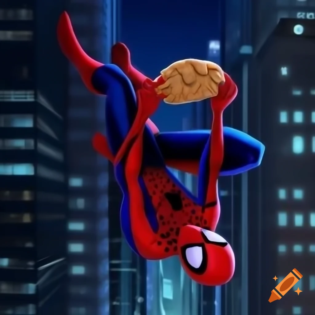 Spider-Man swinging on a web holding a cookie above city rooftops at ...