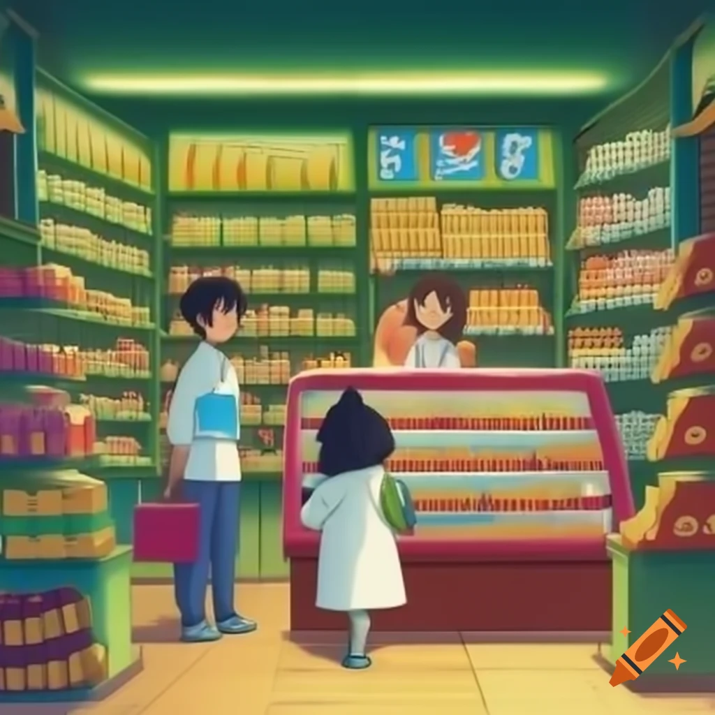 Studio Ghibli style retail program for pharmacies featuring Pakistani retailer on Craiyon