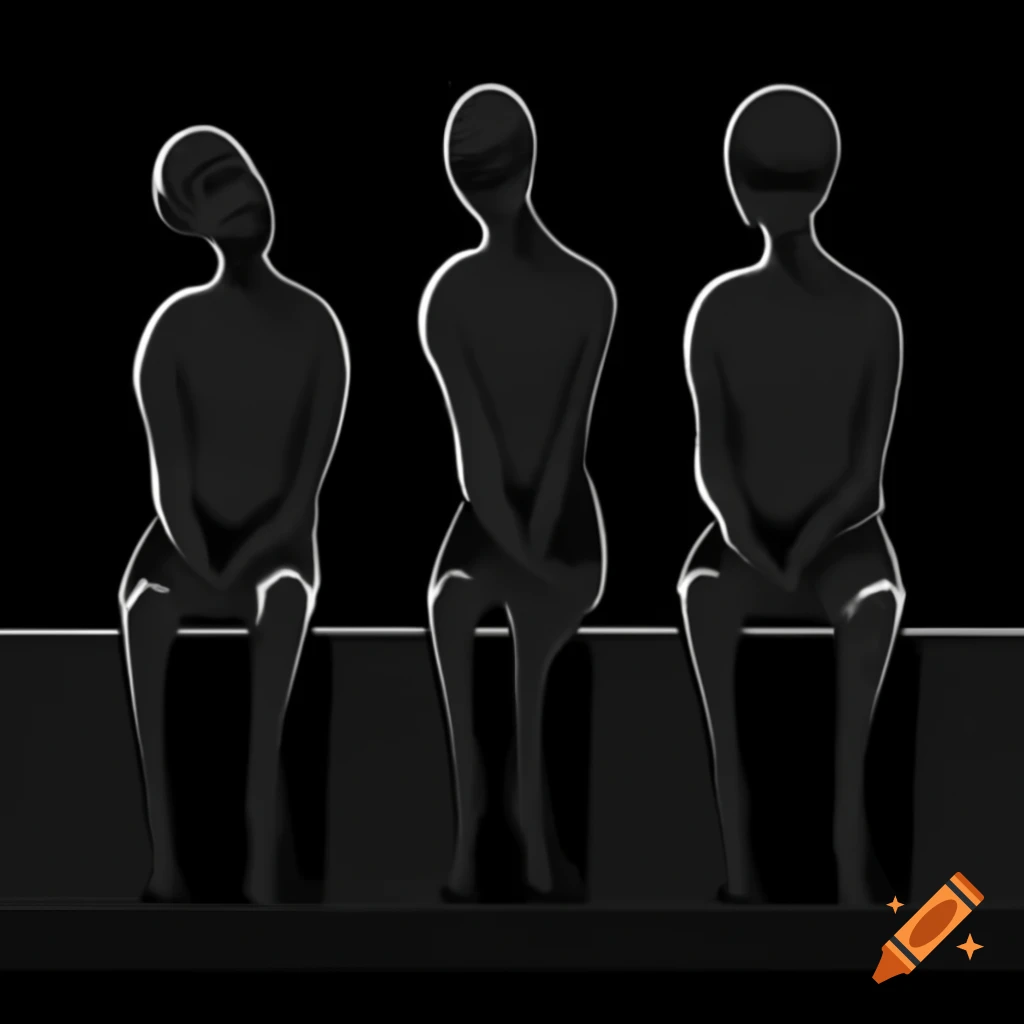 Dark and eerie scene with black humanoid figures sitting against a wall ...