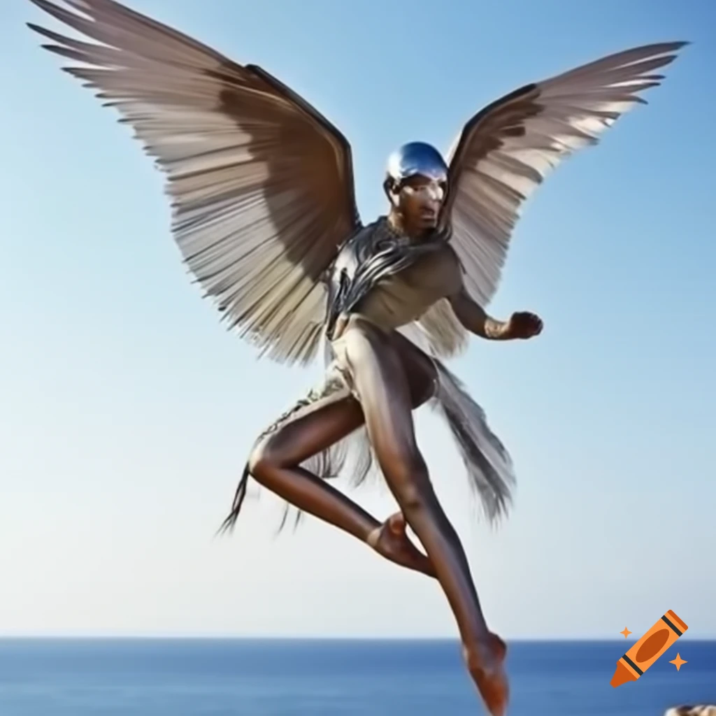 Supermodel with metallic features flying over Mediterranean seaside ...