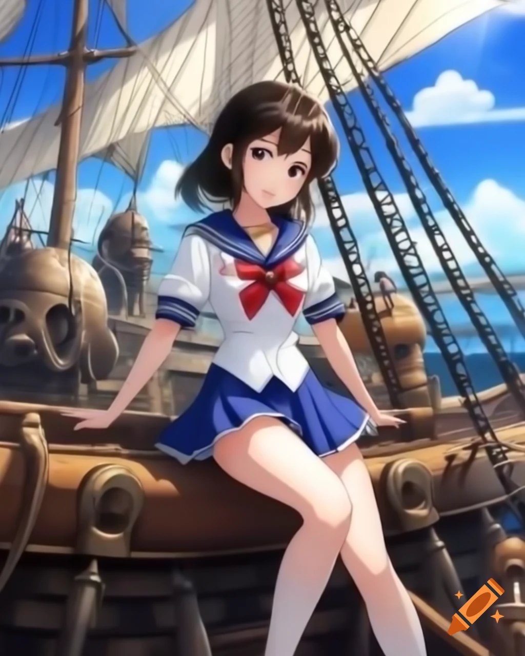 Female sailor posing on ship with pirates in anime style on Craiyon