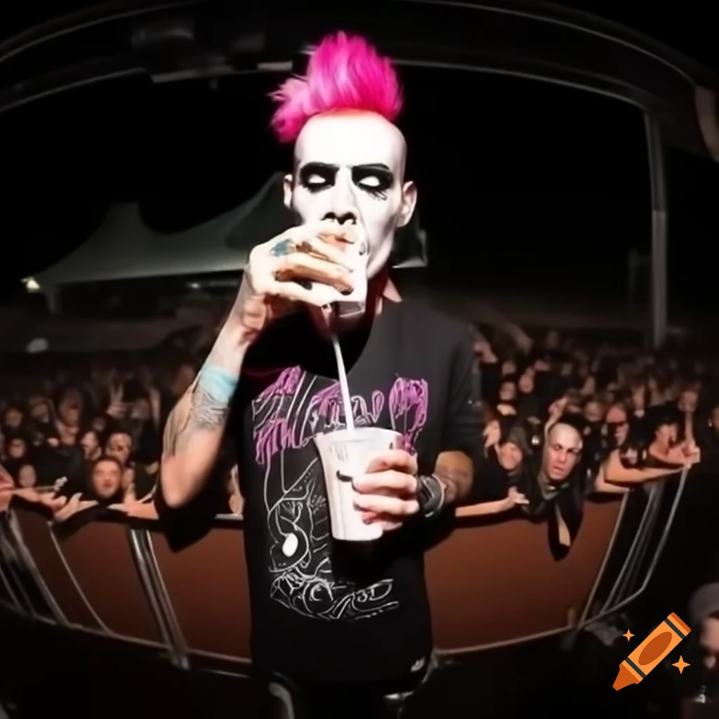 Punk rock star with mohawk drinking iced tea at concert, wide angle ...