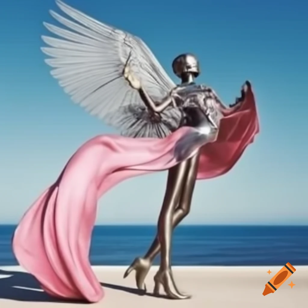 Supermodel with metallic wings and helmet flying near Mediterranean ...