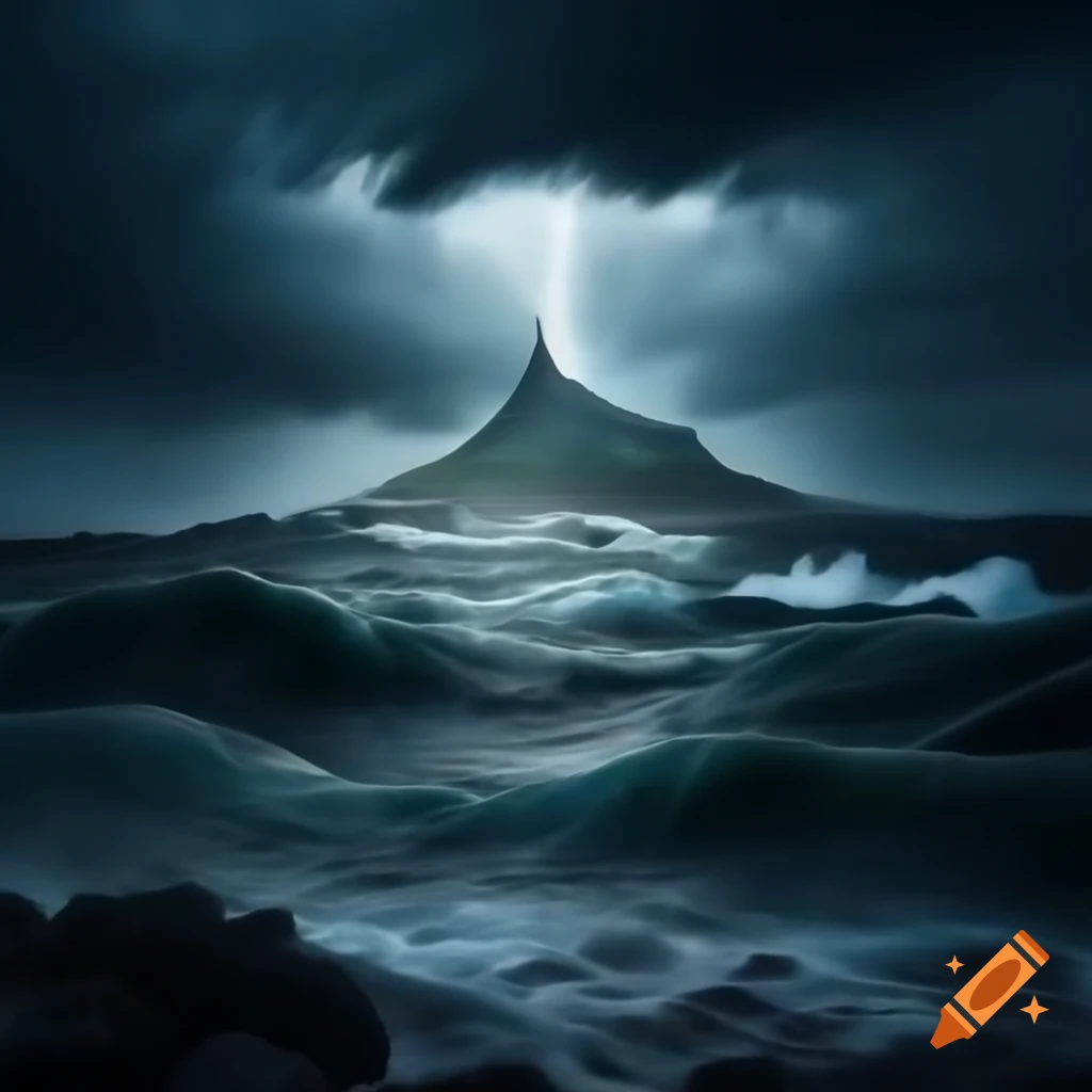 Monolithic spire in stormy ocean with glint of light at peak on Craiyon