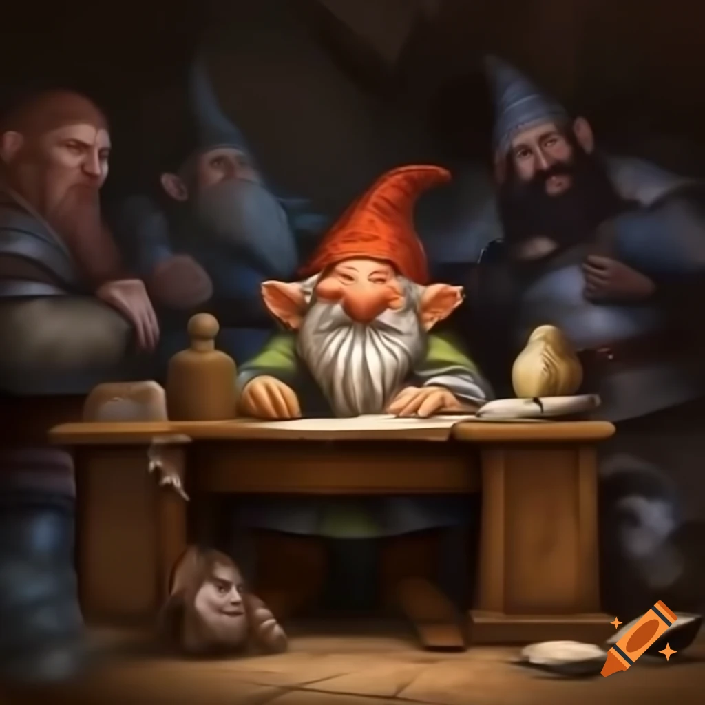 Dwarf home with one dwarf at desk and seven dwarves in scene on Craiyon