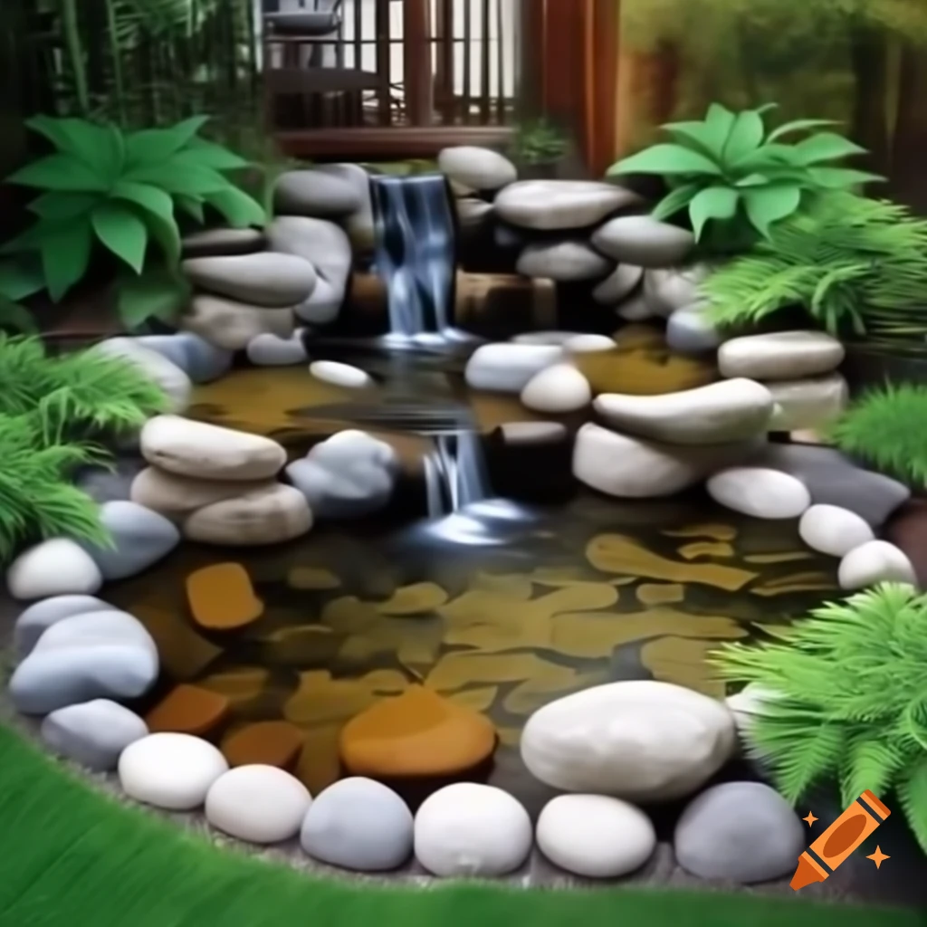 Rustic wooden pond with river rocks and wild plants, featuring a small waterfall on Craiyon