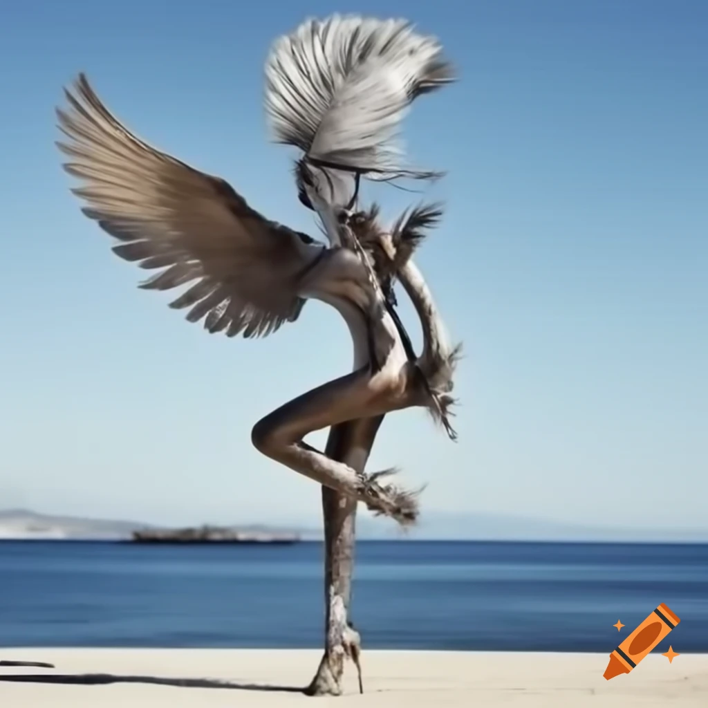 Supermodel with metallic features and wings flying near Mediterranean ...