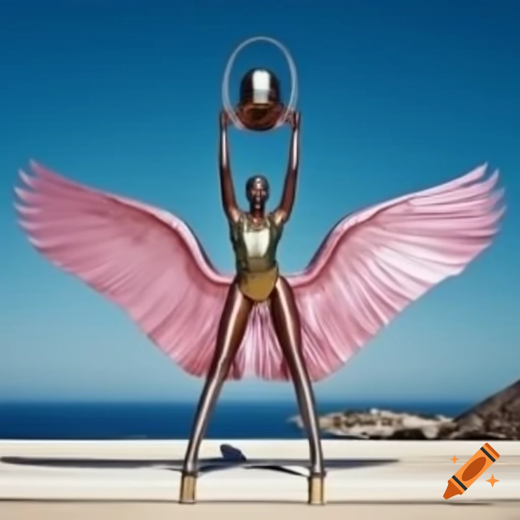 Supermodel with metallic features and wings flying by Mediterranean ...