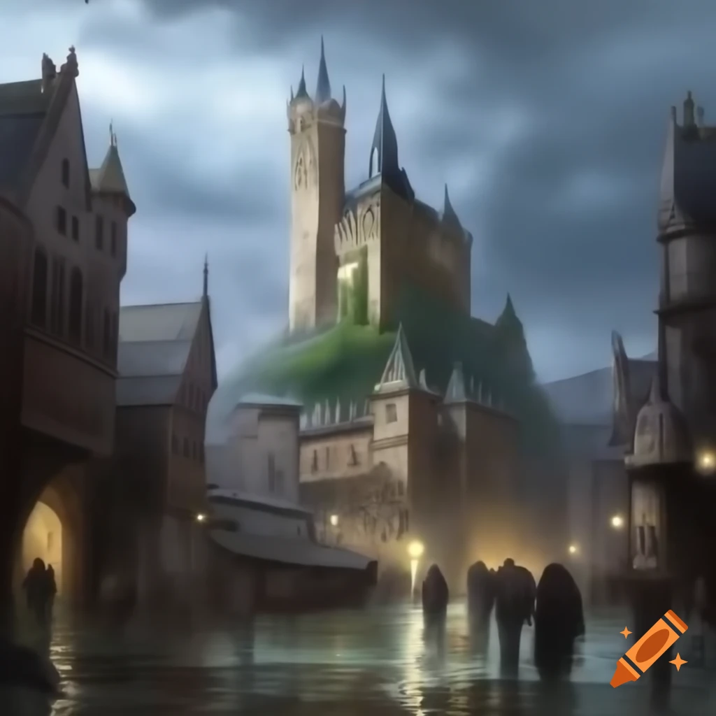 Medieval city painting featuring gothic castle in the rain on Craiyon