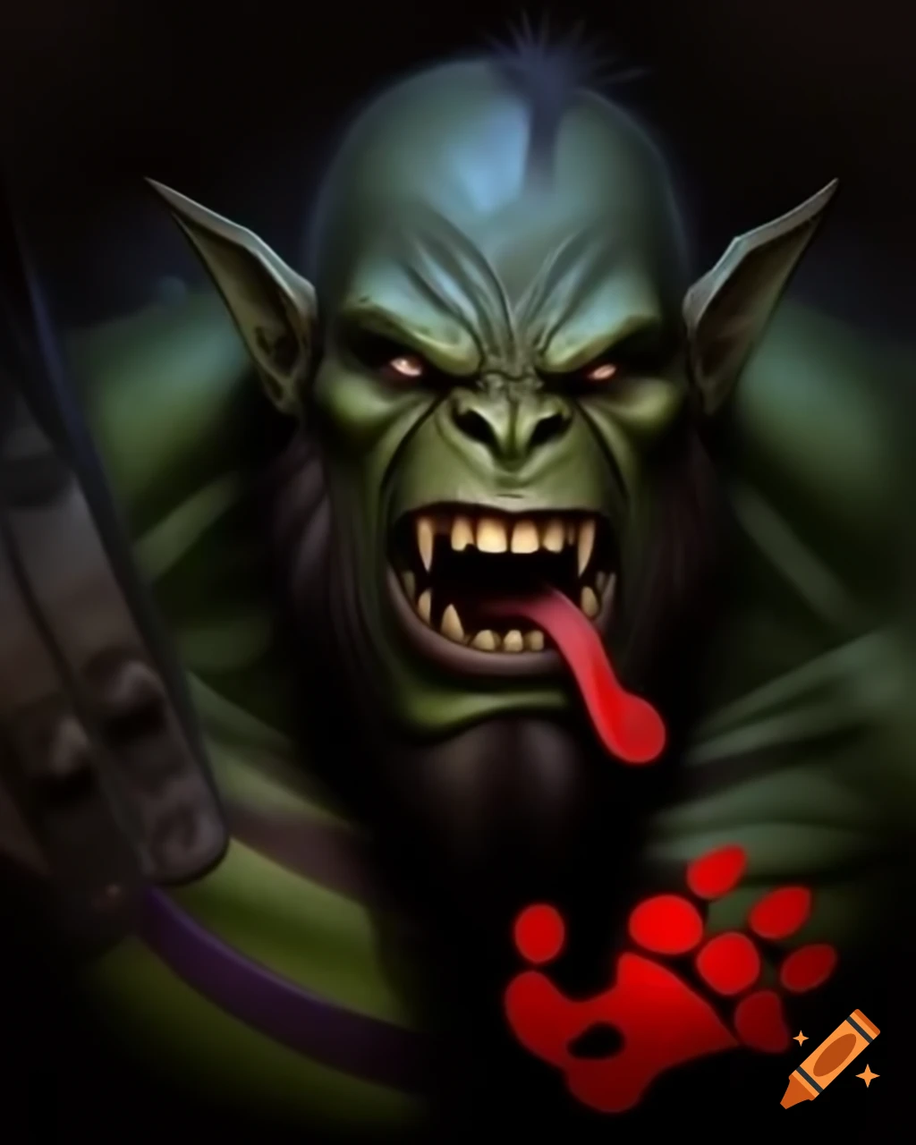 Powerful orc with dark greyish green skin and red handprint on face on ...