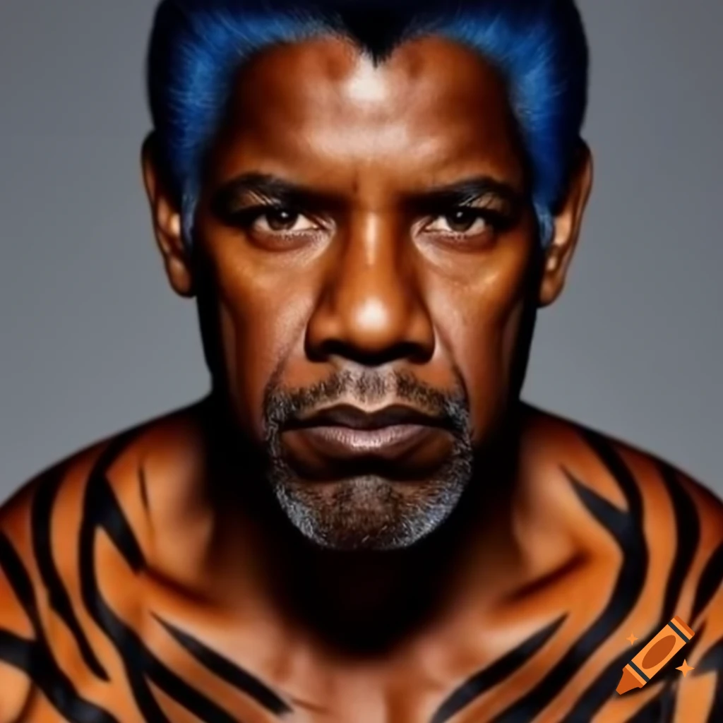 Muscular man with tiger-style makeup featuring blue hair and orange ...