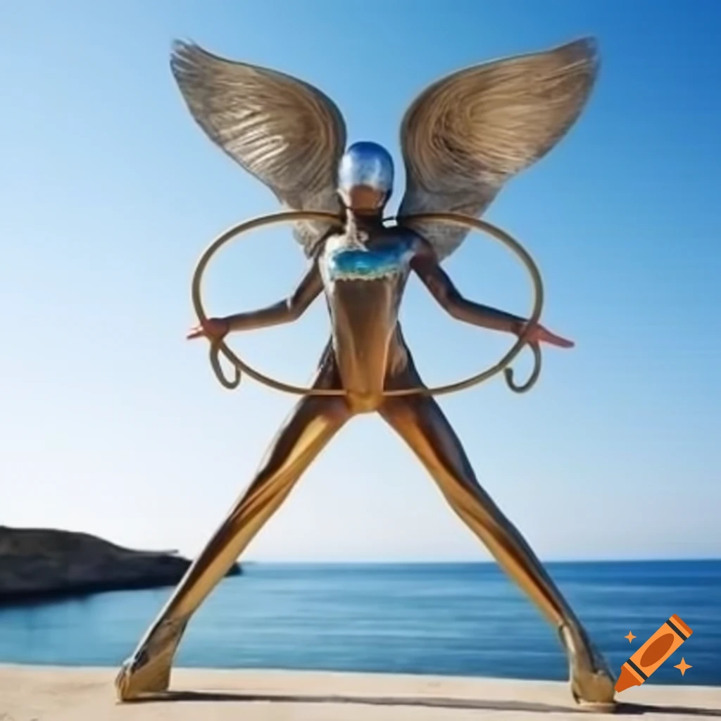 Supermodel with metallic features flying near Mediterranean seaside and ...