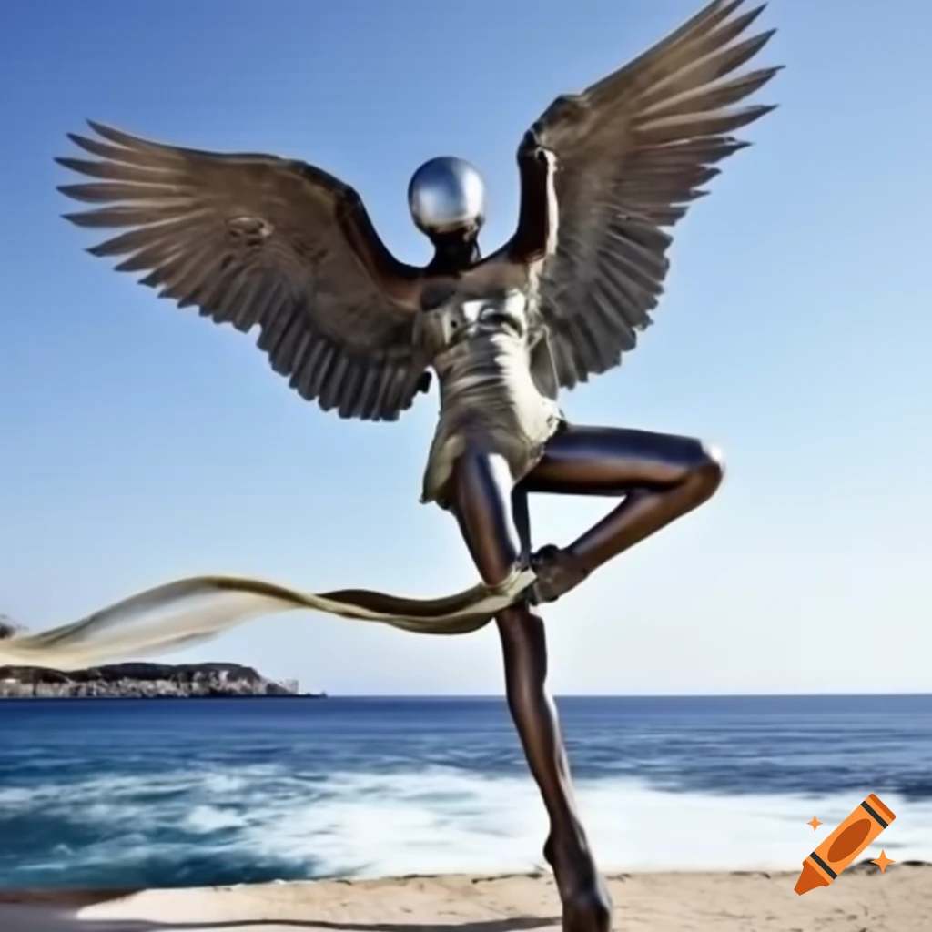 Supermodel with metallic features and wings flying near Mediterranean ...