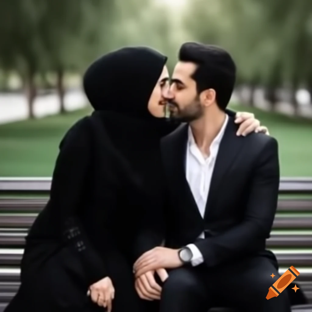 Elegant Iranian couple sharing a tender gaze on park bench on Craiyon