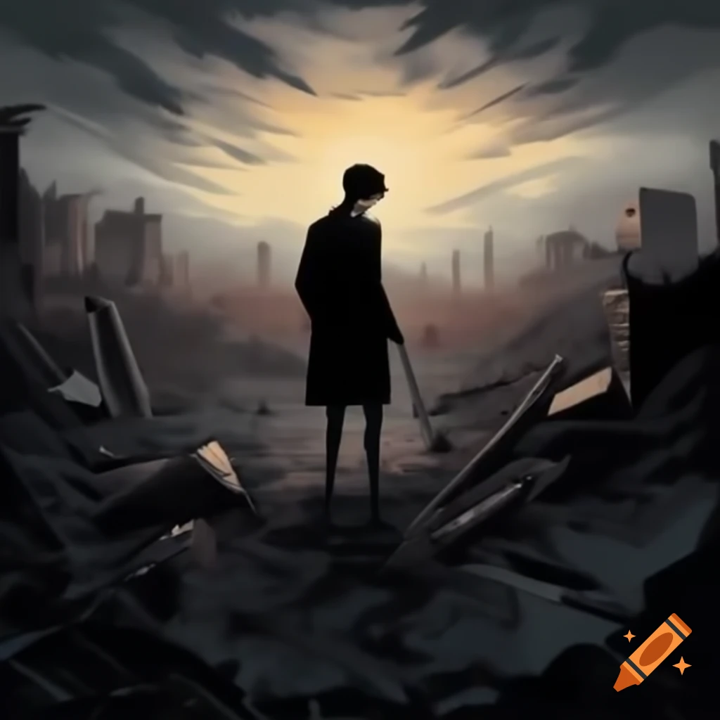 Young man in keffiyeh emerging from rubble surrounded by ruins on Craiyon