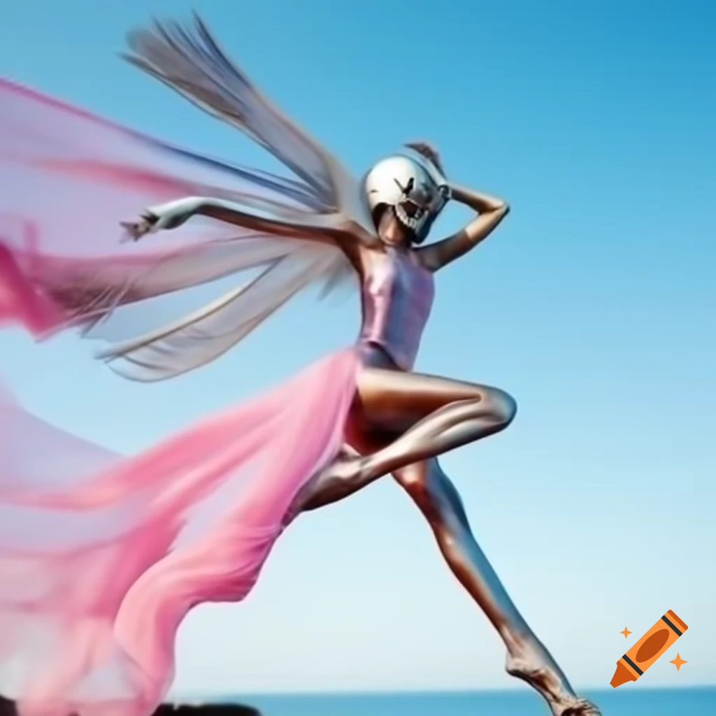 Supermodel with metallic body and wings flying over Mediterranean ...