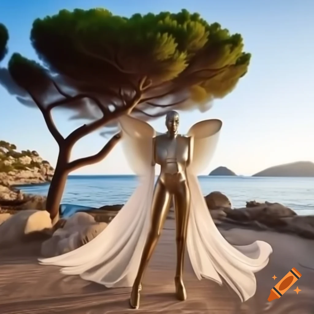 Supermodel with metallic features flying by a Mediterranean seaside at ...