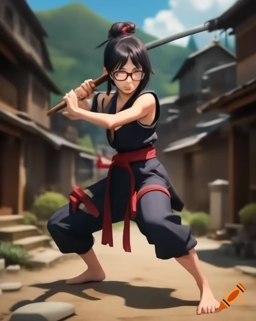 Elegant barefoot ninja woman posing with daggers in village setting on ...