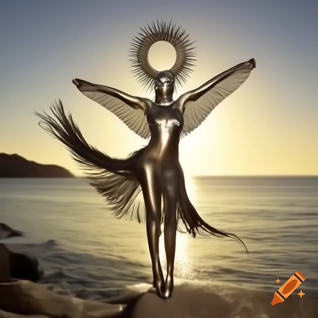 Supermodel with metallic features flying by Mediterranean pine at ...