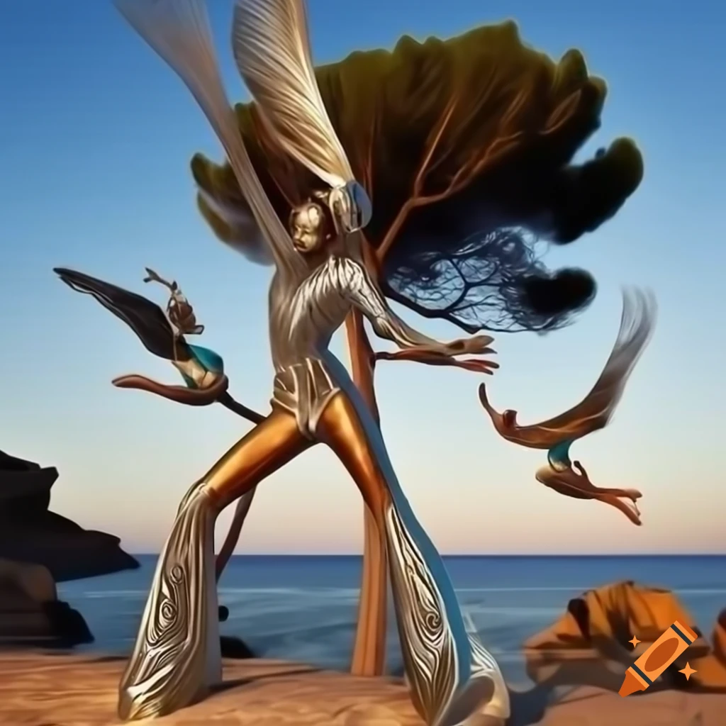 Supermodel with metallic wings flying near Mediterranean seaside at ...