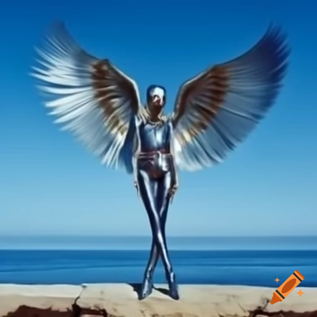 Supermodel with metallic features and wings flying over Mediterranean ...