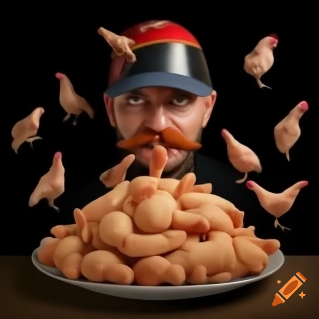 Man with blonde mustache in ball cap enjoying a large pile of chicken ...