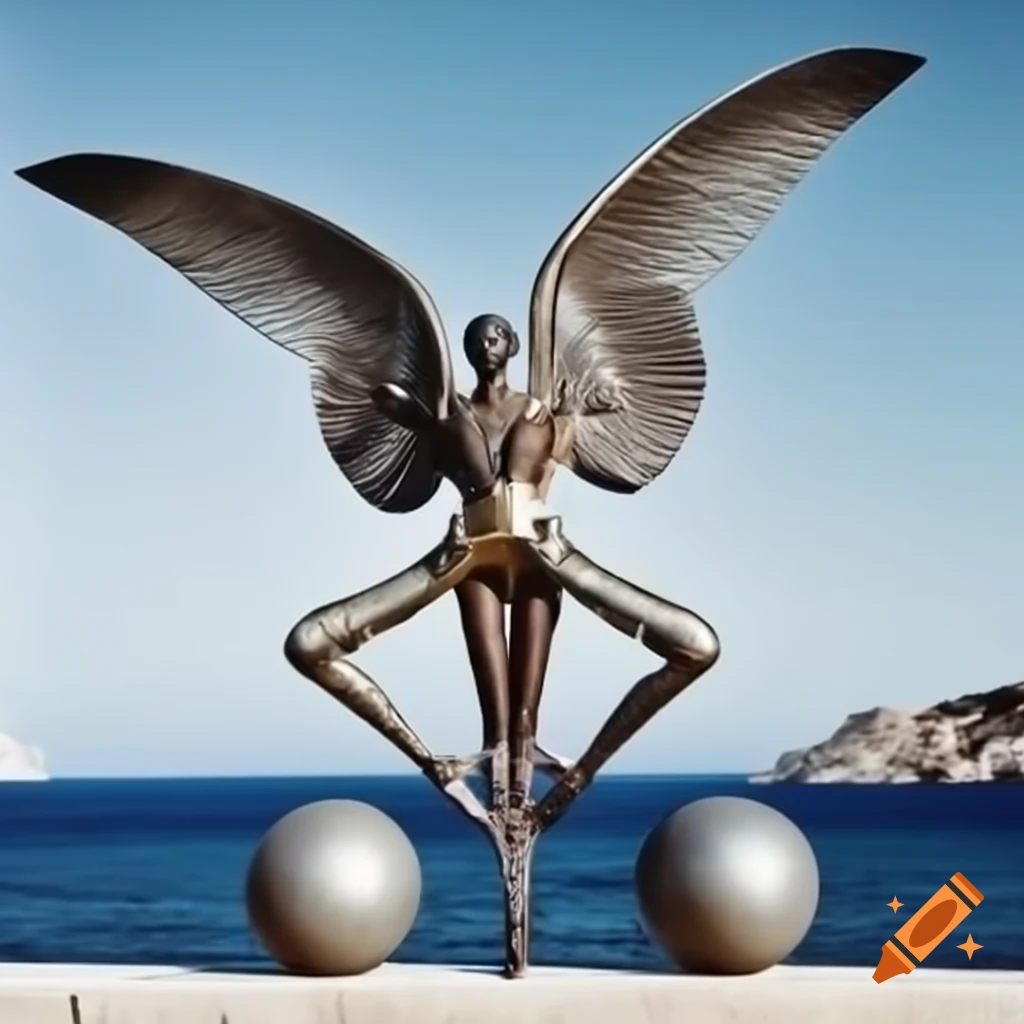 Supermodel with metallic features jumping by the Mediterranean seaside ...
