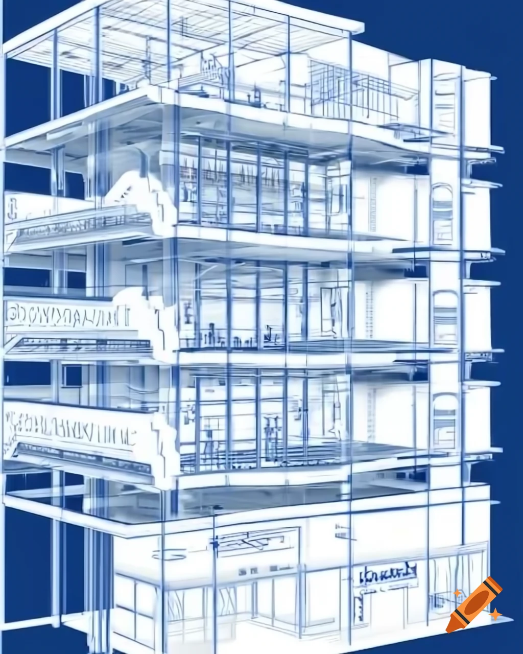 Detailed blueprint of multistory commercial shop with basement parking and floor plan on Craiyon