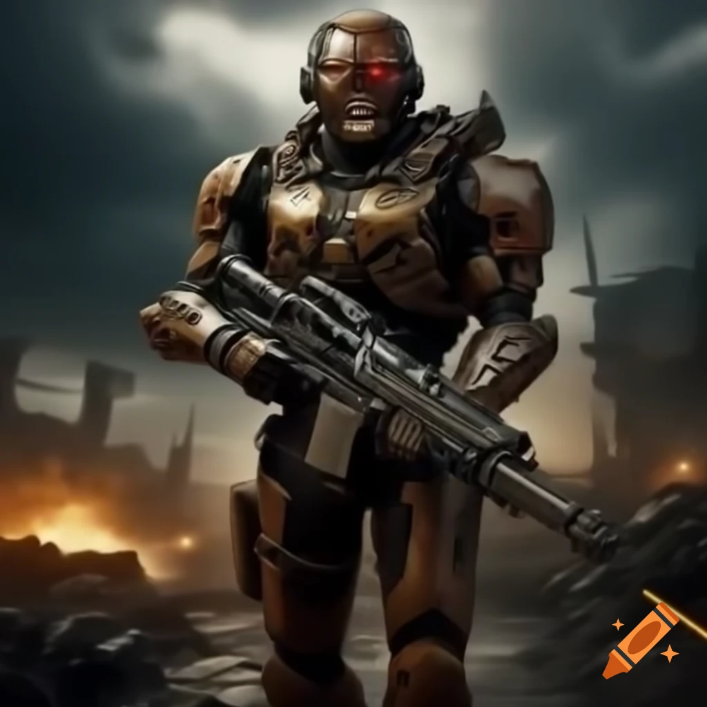 Cyborg warrior in armor with laser rifle in post-apocalyptic wasteland ...
