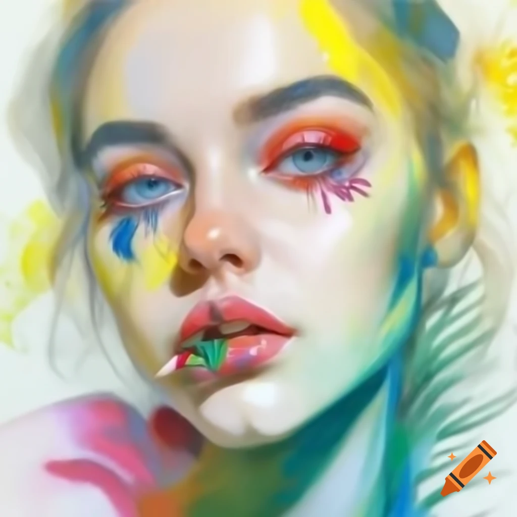 Realistic woman emerging from plant in colorful abstract art style on ...