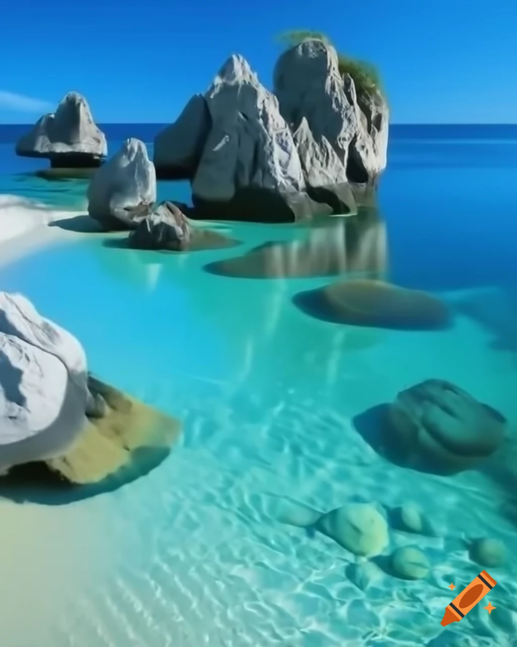 Hyper-realistic beach with crystal clear water and beautiful rock ...
