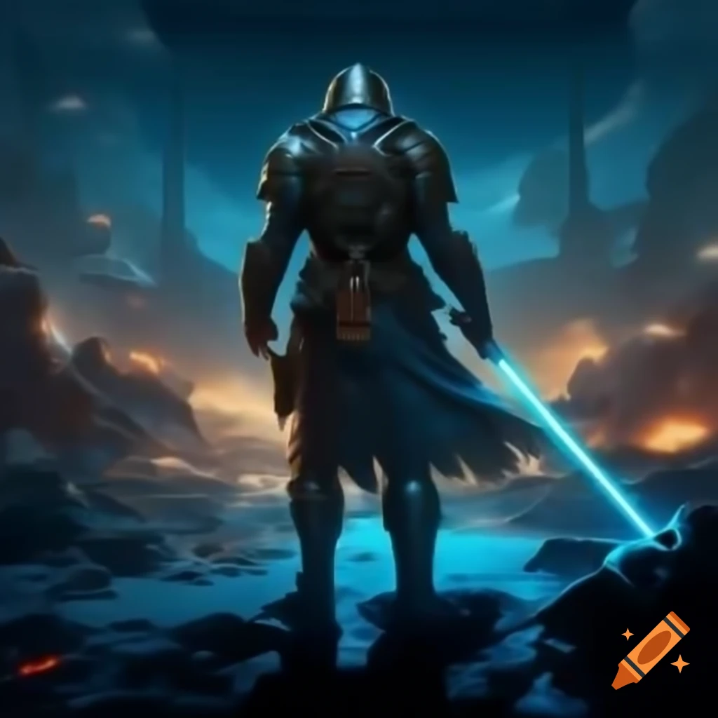 Armored warrior on neon-lit futuristic battlefield with laser rifle on ...