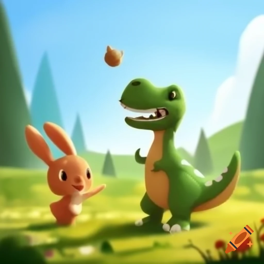 T-Rex playing in sunny meadow with bunny friend on Craiyon