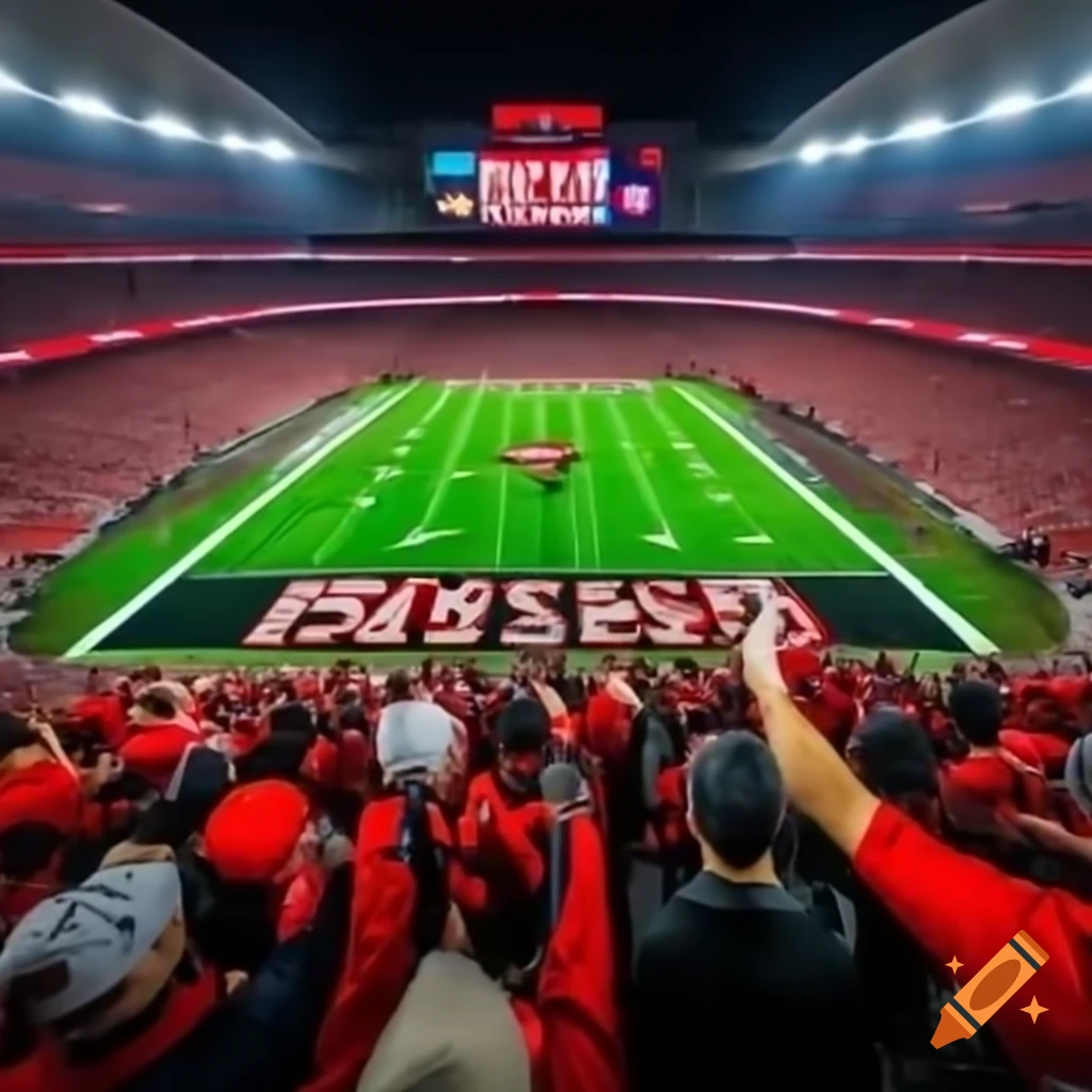 Busy football stadium with fans in red and cowprint supporting their ...