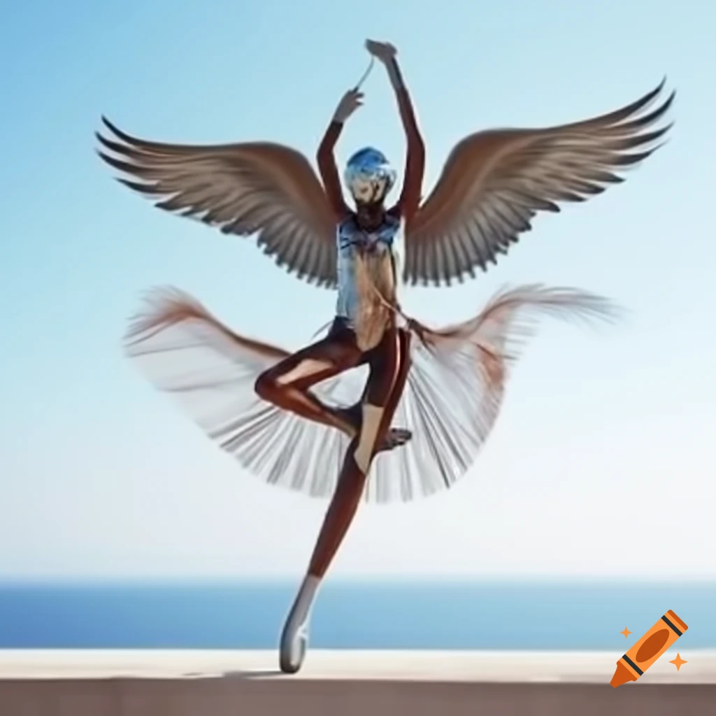 Majestic Mediterranean scene with supermodel in metallic attire flying ...