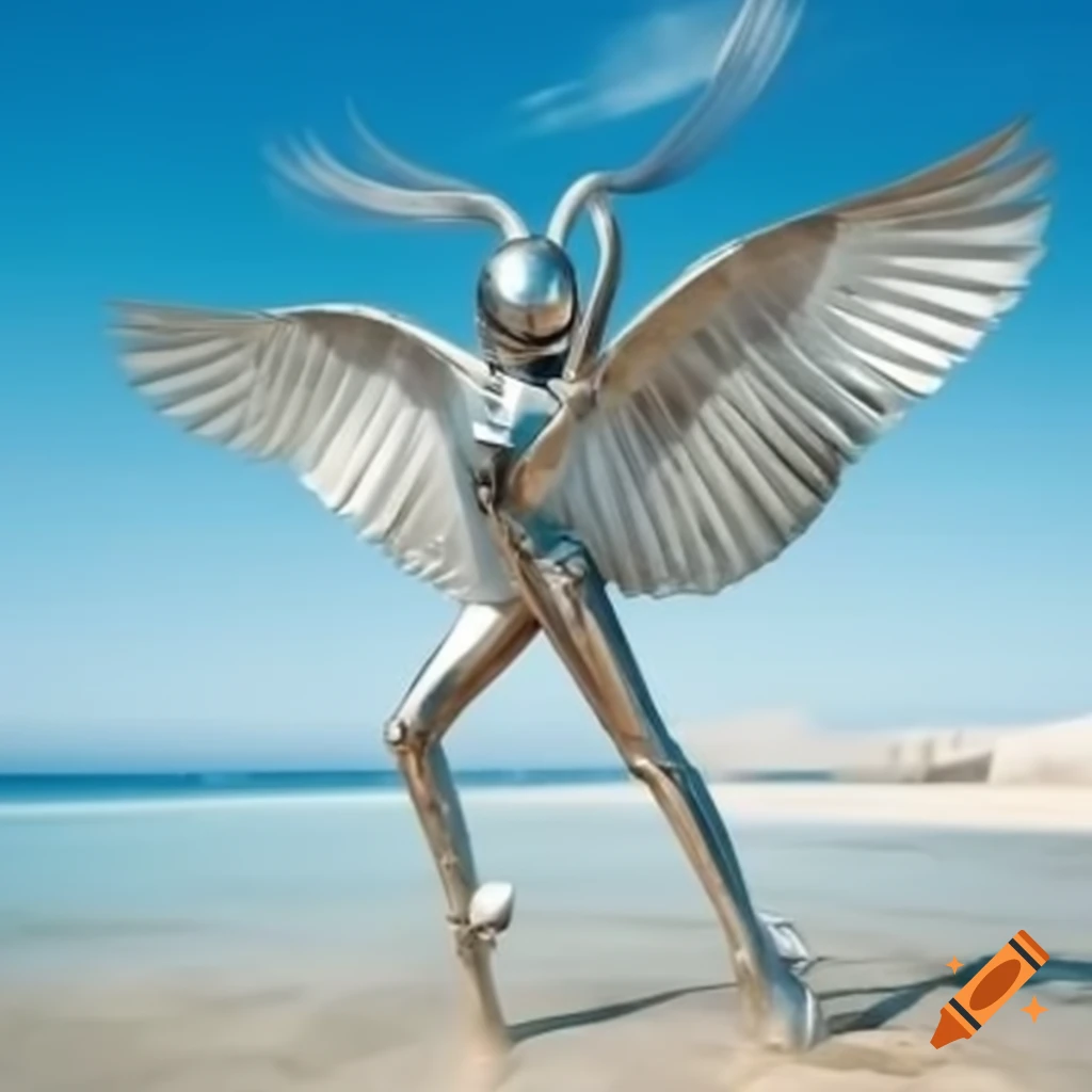 Supermodel with metallic body and wings flying over Mediterranean beach ...