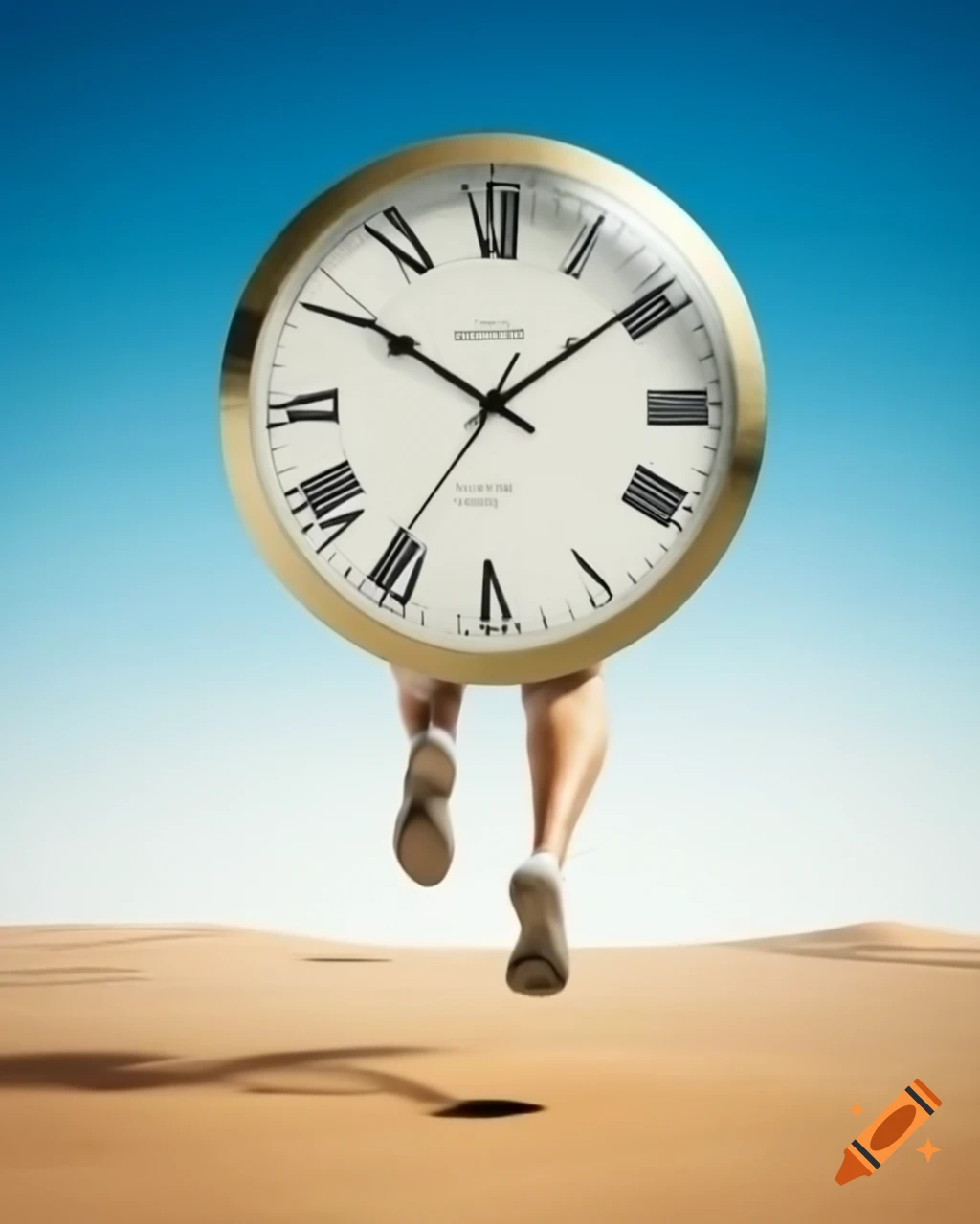 Whimsical 3D clock with human legs running in a desert on Craiyon