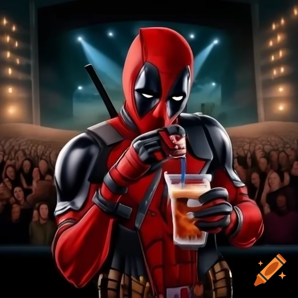 Deadpool character enjoying iced tea during a rock concert with stage ...