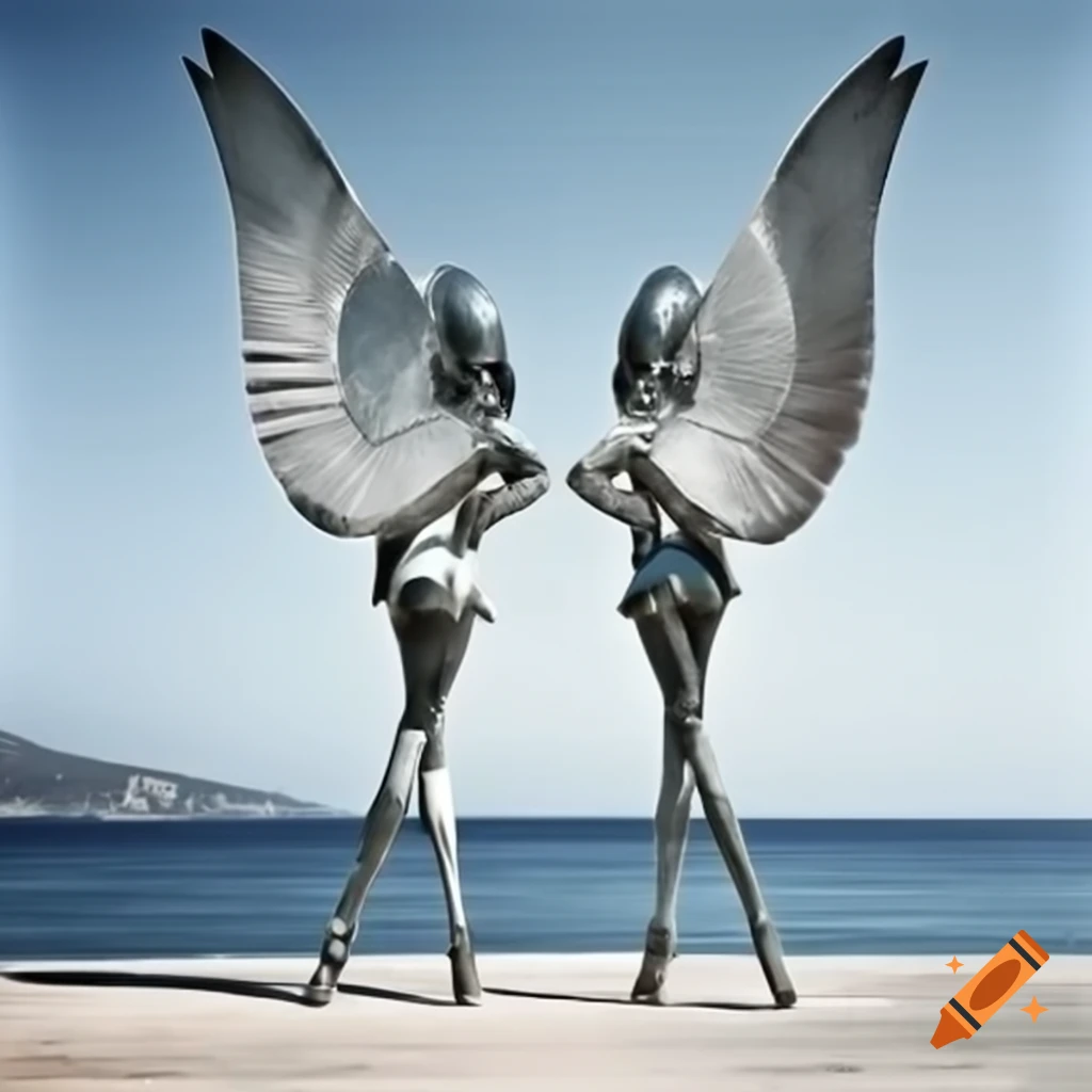 Supermodel with metallic features soaring over Mediterranean seaside on ...