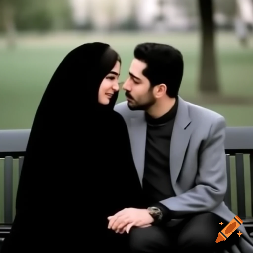 Elegant Iranian couple sharing a tender gaze on park bench on Craiyon