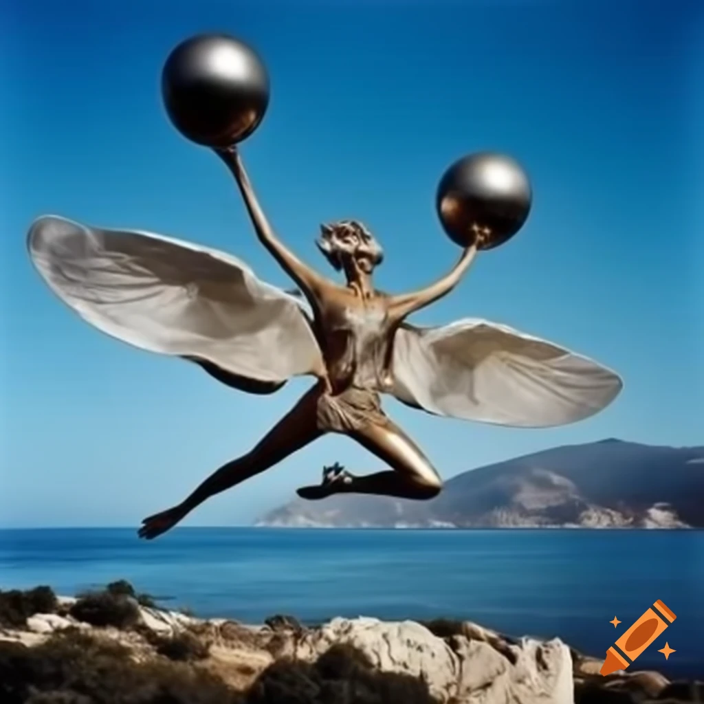 Supermodel with large metallic wings jumping by Mediterranean seaside ...