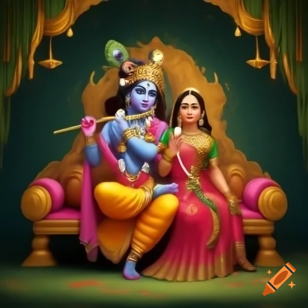 Lord Krishna and goddess Rukmini on throne beneath golden tree on Craiyon