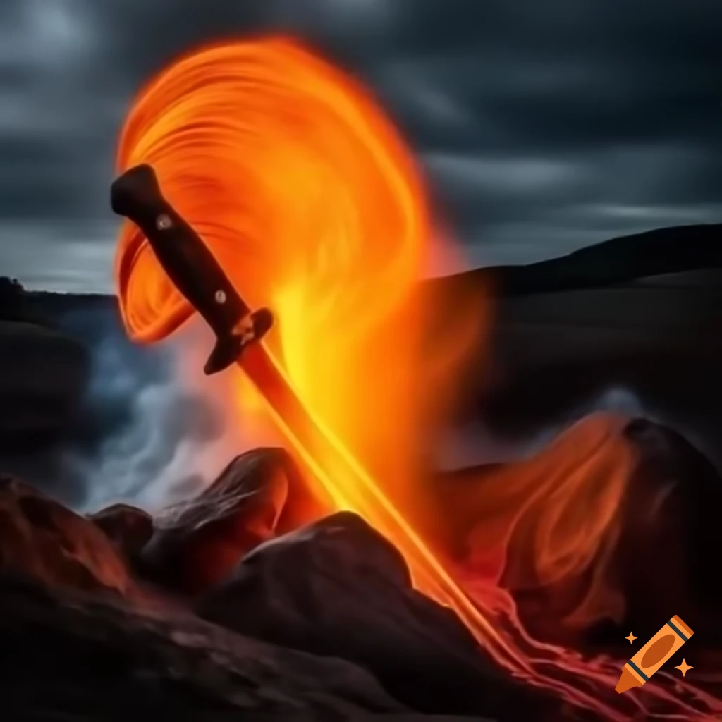 Scimitar hilt with a magma blade being swung on Craiyon