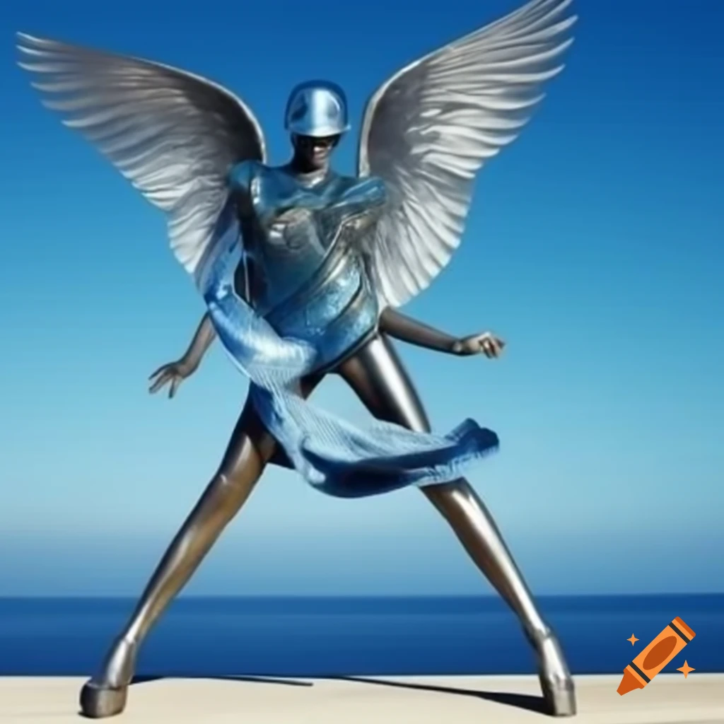 Supermodel with metallic features flying over Mediterranean seaside ...