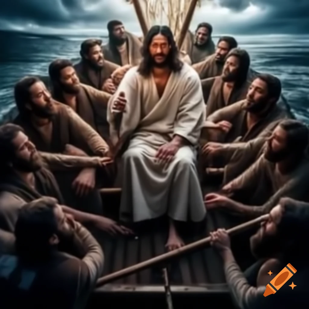Jesus awakening amidst a storm in a boat with frightened men in linen ...