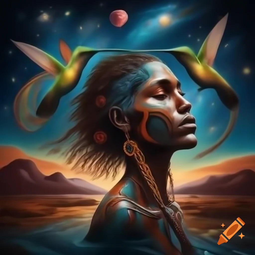 Surreal sky with galaxies and portrait of native aboriginal woman ...
