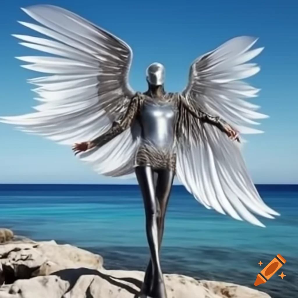 Supermodel with metallic wings and helmet flying over Mediterranean ...