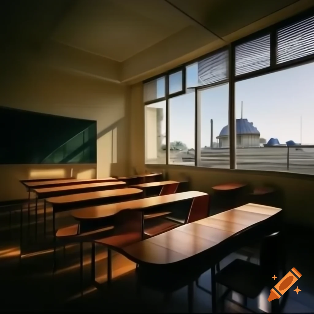 Empty wooden desk in school classroom with view of Jordan mosque from ...