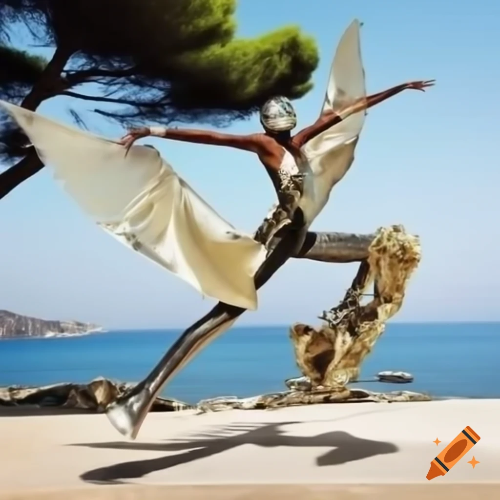 Supermodel with metallic features and wings flying over Mediterranean ...