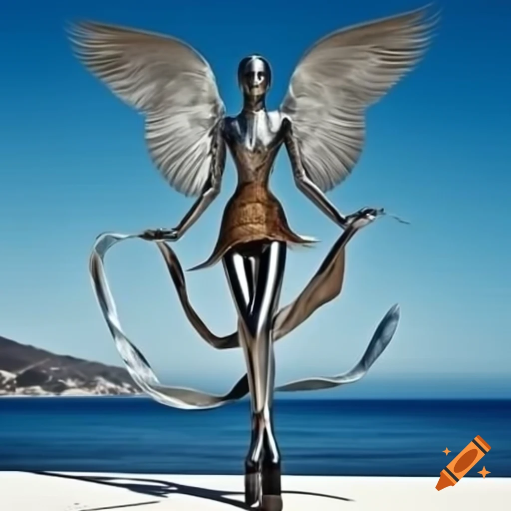 Supermodel with metallic features flying near Mediterranean seaside ...